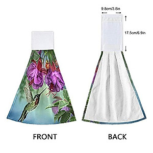 Summer Hummingbird Hand Towels for Kitchen,Purple Flower Absorbent Tie Hanging Towel with Loop 2 PCS Kitchen Linen Sets for Bathroom Restroom Home Decor