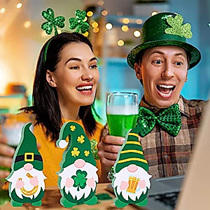 3 Pcs St Patrick's Day Table Wooden Gnome Sign, Reversible Easter Tiered Tray Decor, Self Standing Blocks Green Shamrock Horseshoe Rabbit Carrot Egg Sign for Home Party Decoration