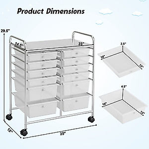 COSTWAY 12-Drawer Rolling Storage Cart, Moveable Art Craft Organizer W/Lockable Wheels, Metal Shelf, Files Arrangement Tools Makeup Storage Cart for Office, Home, School (Clear)