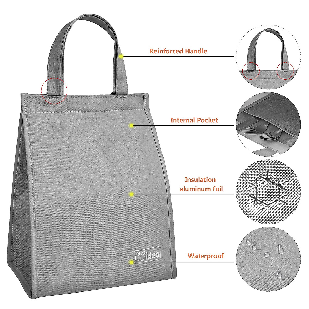CCidea Lunch Bag for Women Men,Simple Insulated Lunch Box,Reusable Lunch Boxes for Office Work Travel(Grey with Velcro)