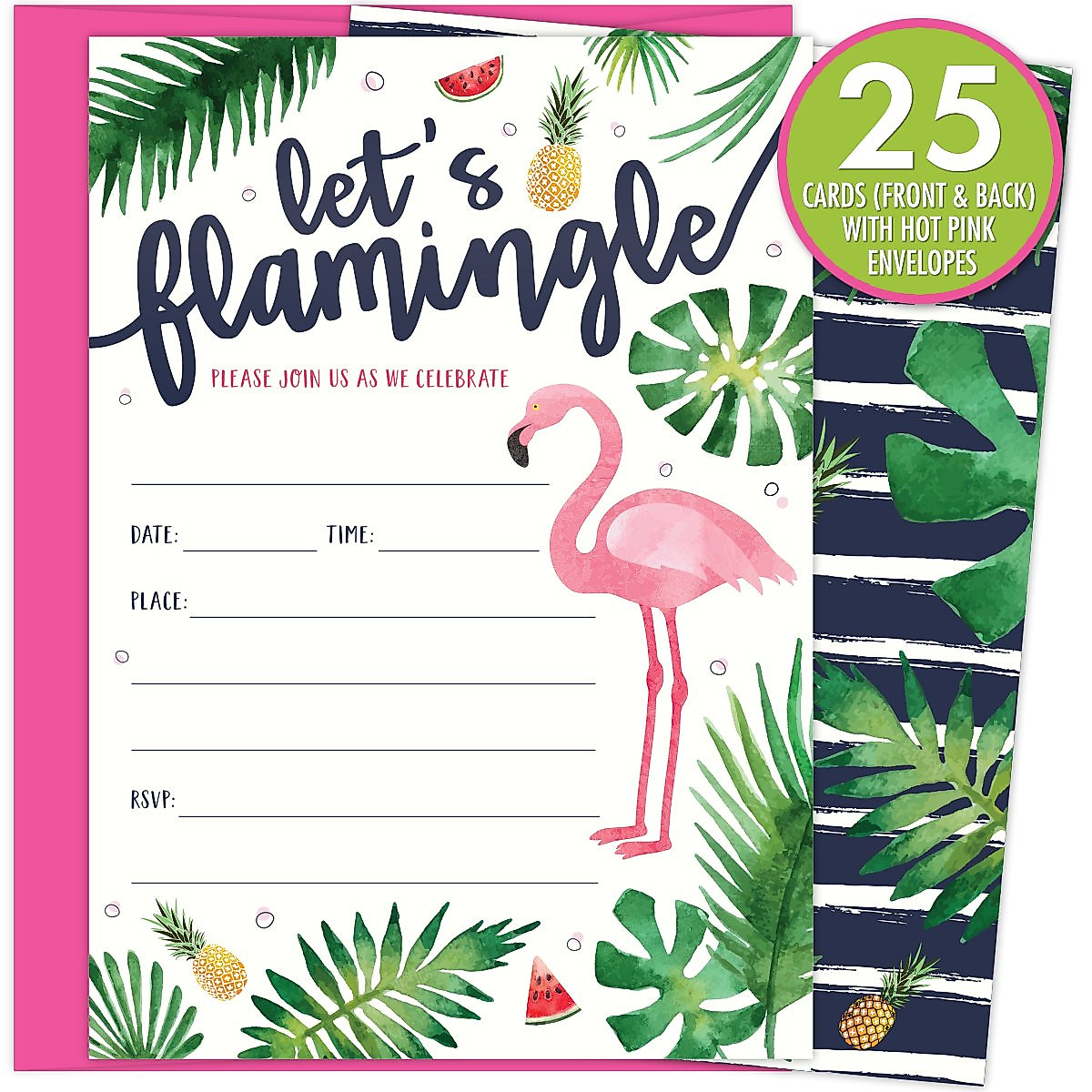 Let’s Flamingle Party Invitations with Pink Flamingo and Palm Leaves. 25 Hot Pink Envelopes and Fill in Invites for Soirees, Bridal Showers, Baby Showers, Birthdays, Graduations, Summer Parties
