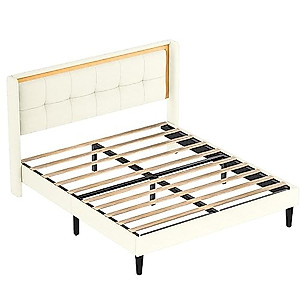 Anwick Queen Bed Frame with Headboard,Modern Upholstered Platform Bed Frame Queen Size with Storage Underneath and Wooden Slat for Living Room,Bedroom Heavy Duty (Queen, Beige)