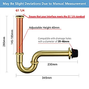 Heixutas Brass P Trap Bathroom Sink : 1 1/4 Sink Trap with Adjustable Height - Brushed Gold Bottle P-Trap with Slip Joint Extension Tube - U-Shape Basin Sink Plumbing/Pipe Replacement Kit