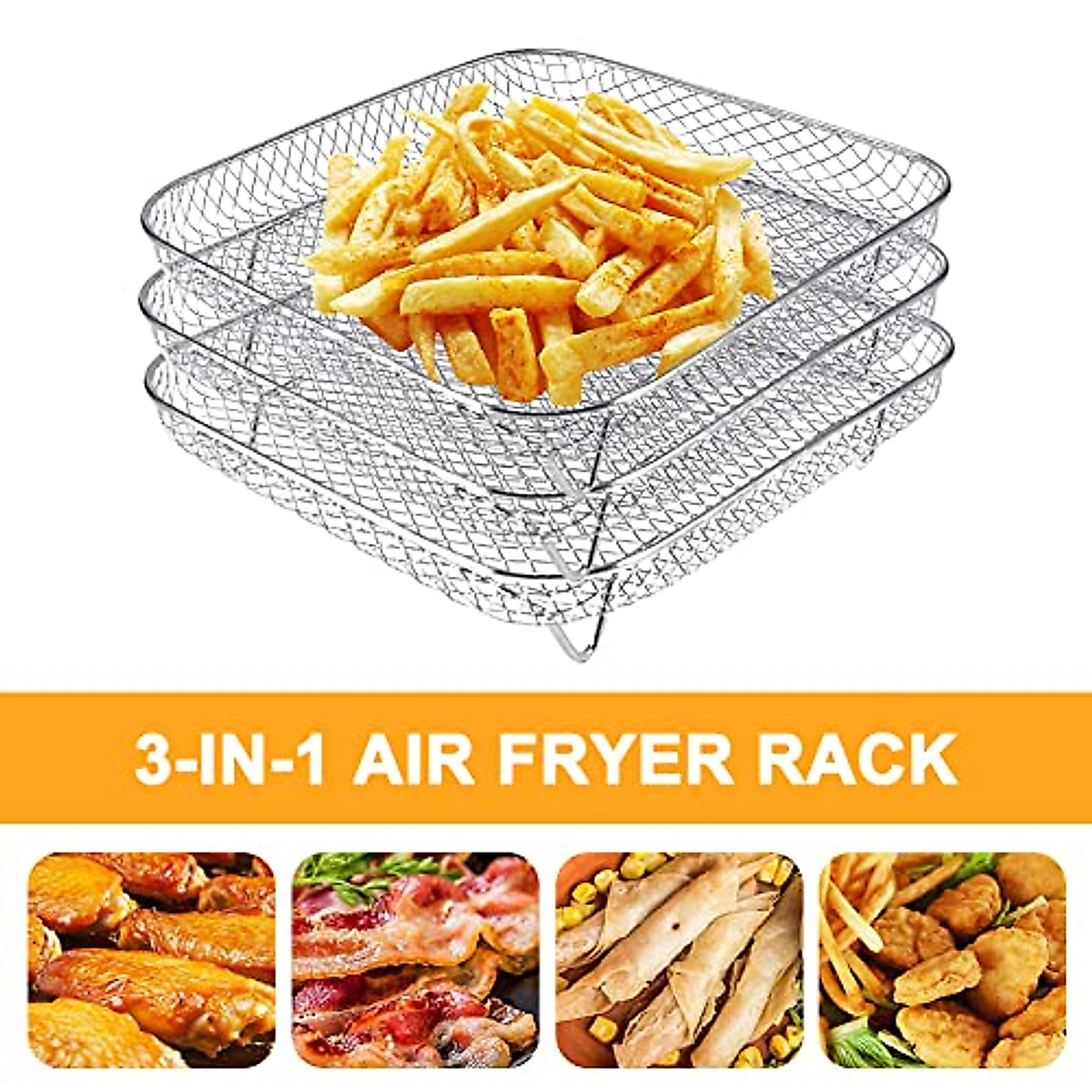 8 Inch Square Air Fryer Rack, Set of 3 Stackable Stainless Steel Dehydrator Rack, Square Racks Air Fryer Accessories for Cosori, Instant Vortex, Nuwave Air Fryer, Ninja Foodi Grill