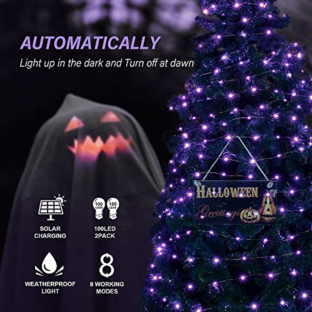 Hopolon Halloween Solar String Lights Outdoor, 2 Pack Each 33FT 100 LEDs Solar Powered Fairy Lights with 8 Modes for Indoor Outdoor Patio Yard Trees Christmas Wedding Party-Purple