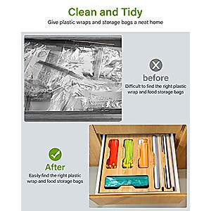 KOCWELL Bag Storage Organizer and Plastic Wrap Dispenser with Cutters, 2 Foil and Plastic Wrap Organizer, 4 Ziplock Bag Holder for Gallon, Quart, Sandwich Snack Variety Size Bags, Bamboo