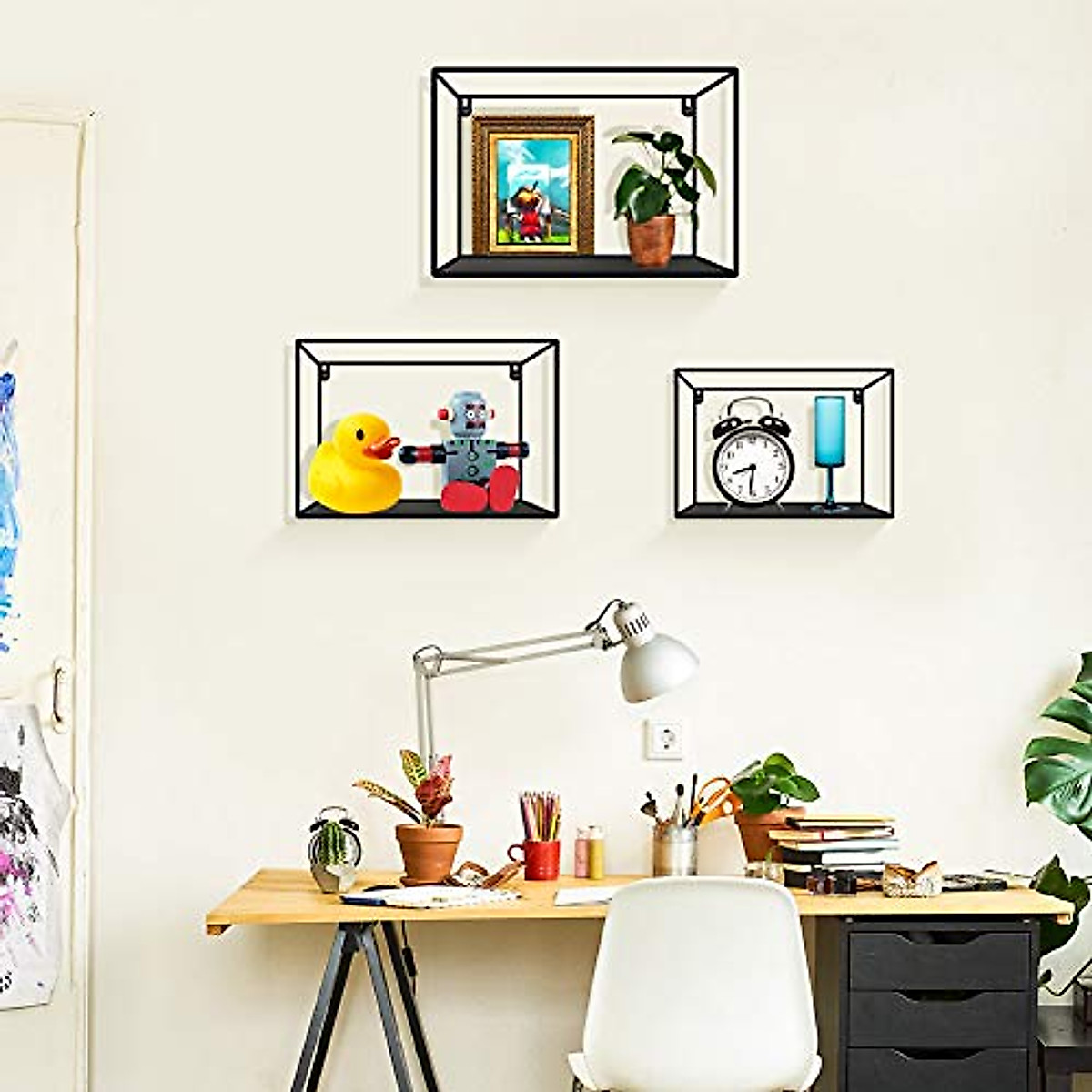 Metal Floating Shelves,Modern Metal Wire Frame Shadow Boxes, Decorative Wire Cube Floating Shelves,Set of 3, Black