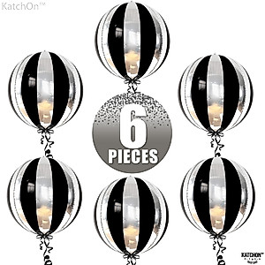 Big, 22 Inch Black and Silver Balloons - Pack of 6, Black and Silver Party Decorations | 360 Degree 4D Stripe Black Silver Balloons | Silver and Black Balloons for Black and White Party Decorations