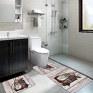 Farmhouse Wooden Plank Leather Boots Western Cowboy Bathroom Rugs and Mats Sets 3 Piece, Memory Foam Bath Mat, U-Shaped Contour Shower Mat Non Slip Absorbent, Velvet Toilet Lid Cover Washable