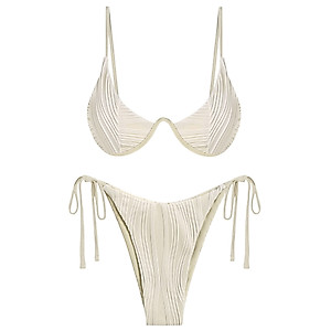 ZAFUL Women's Sexy Bikini Sets Two Piece Bathing Suit Tie Side Thong Adjustable Spaghetti Strap Swimsuits Beige M