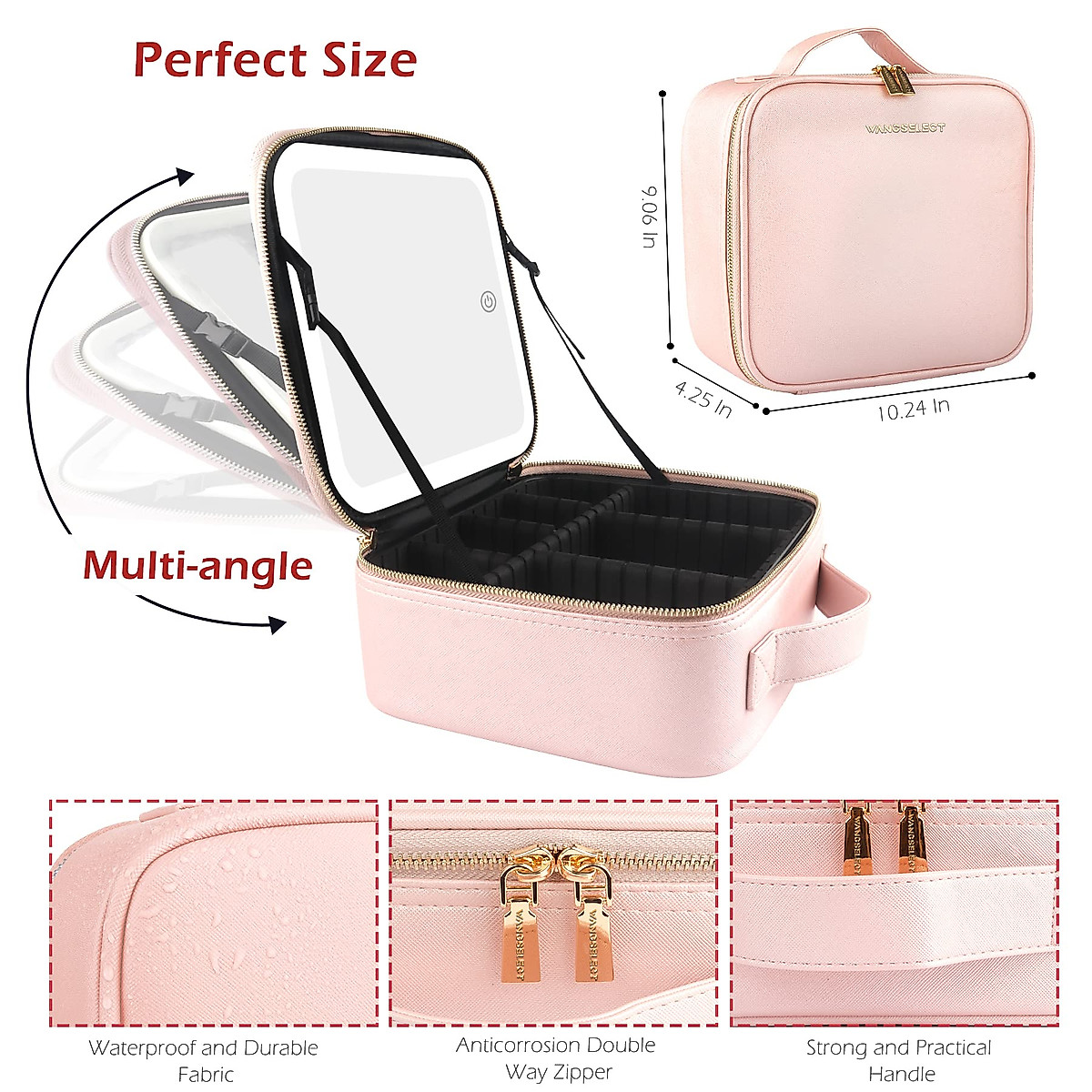 WangSelect Lighted Makeup Case with Full-screen HD Mirror Travel Makeup Train Case with Adjustable Dividers Cosmetic bag with Foldable 1x/10x Magnifying Mirror and Jewelry Box Phosphor
