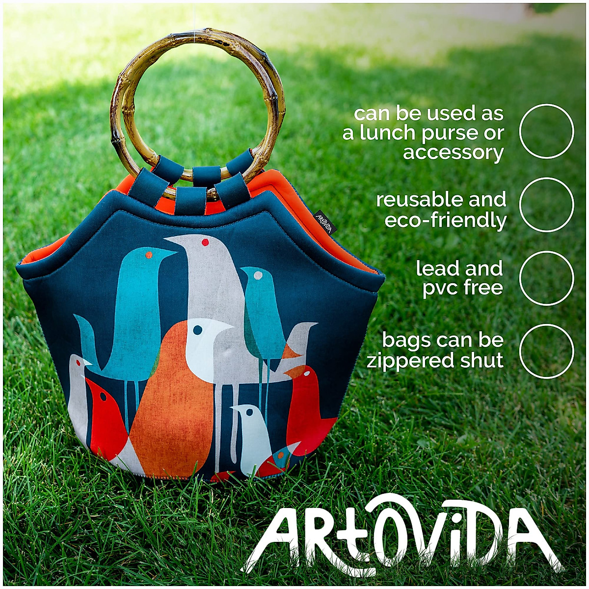 ARTOVIDA Artists Collective Lunch Purse | 11 x 15 x 6 Inches Large Reusable Insulated Lunch Tote with Inside Pocket - Design by Michelle Li Bothe (Germany) "Birches" - Bamboo
