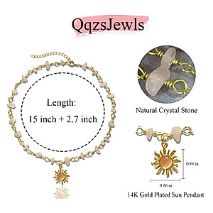 QqzsJewls Rose Quartz Necklace Real Crystal and Healing Stone Choker Friendship Necklace Protection Pink Bead Aesthetic y2k Necklace Dainty Sun Pendant Vintage Rosary Necklace Women