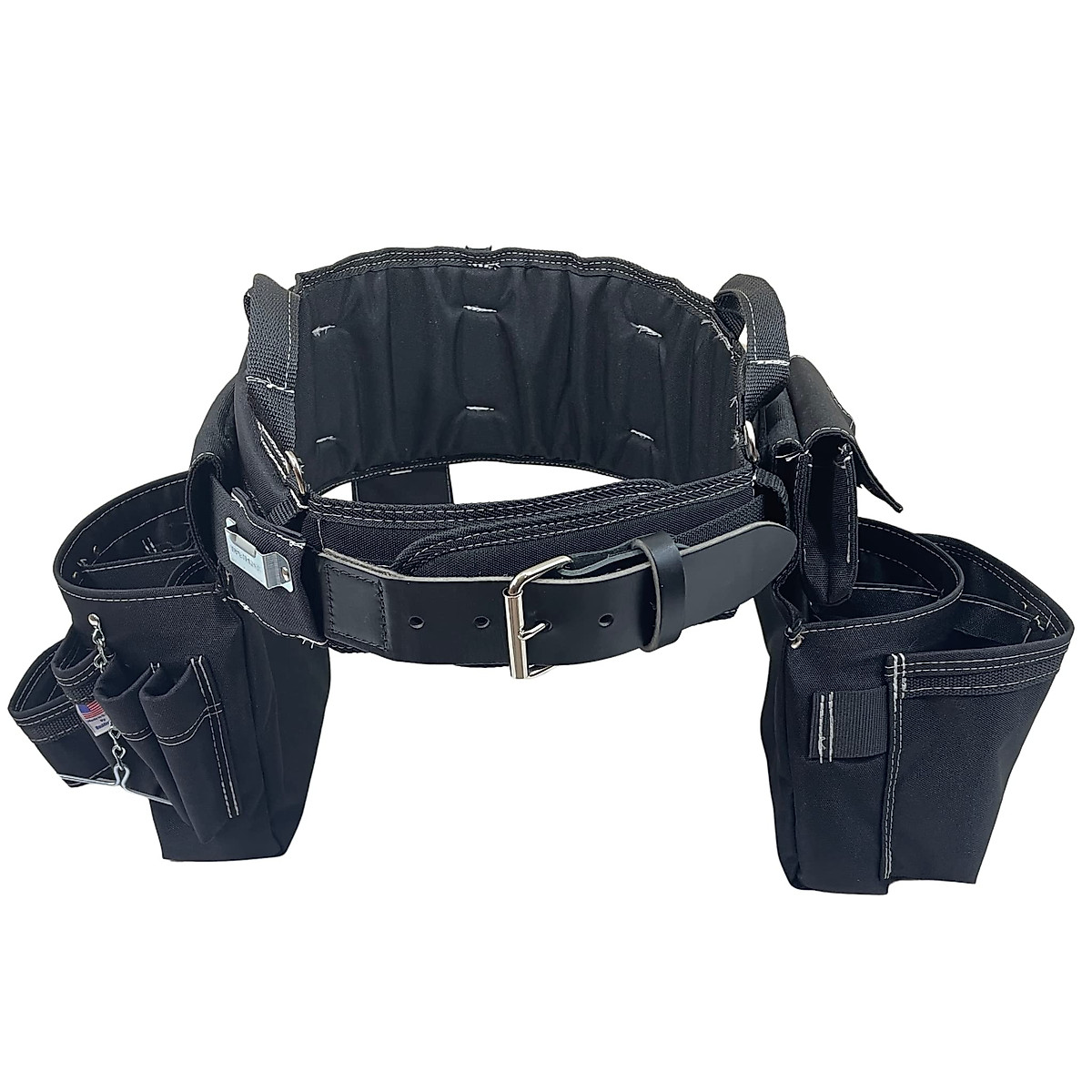 BOULDER BAG Ultimate Electrician's MAX Combo with Comfort Back Support Tool Belt, Leather Belt Buckle, Heavy Duty Tool Belt, Black with White Stitching, (Large 36-40 Inch Waist), Tool Belt Made in USA