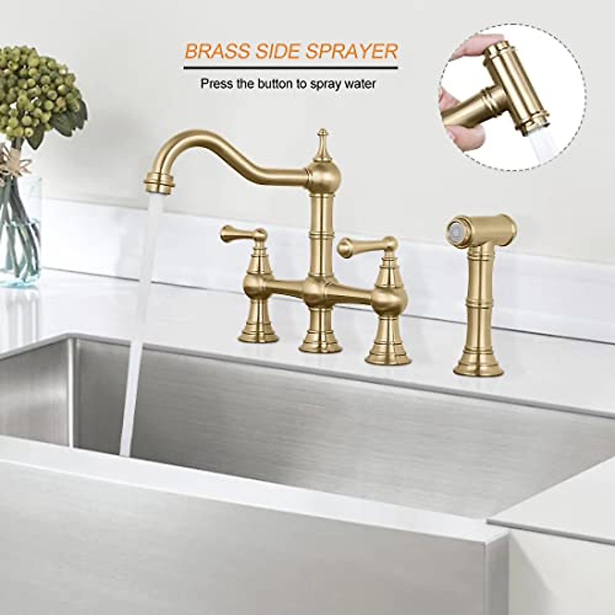 WOWOW Brass Kitchen Faucet Bridge with Side Sprayer, 4 Hole Kitchen Faucet 2 Handle 8 Inch Centerset Gold Faucet for Kitchen Sinks, Heritage Brushed Gold Kitchen Sink Faucet