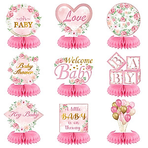 Weecent 9 Pcs Pink Rose Gold Baby Shower Honeycomb Centerpieces Floral Baby Shower Party Table Centerpieces Oh Baby Party Decorations Baby Girl Boy Birthday Party Table Topper Party Supplies
