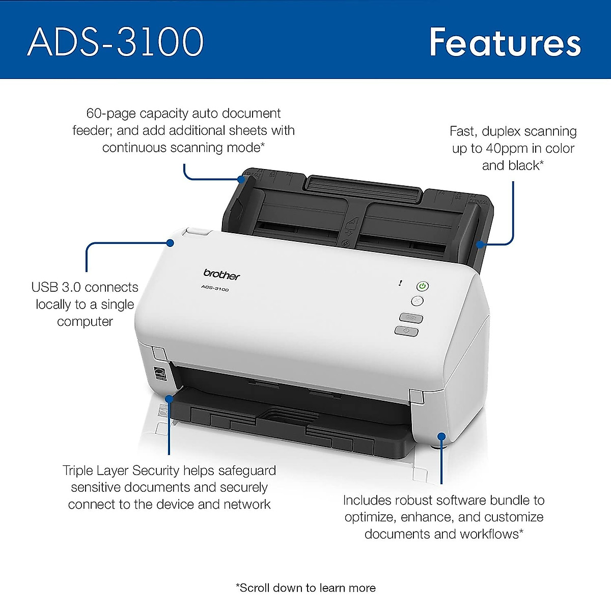 Brother ADS-3100 High-Speed Desktop Scanner | Compact with Scan Speeds of Up to 40ppm