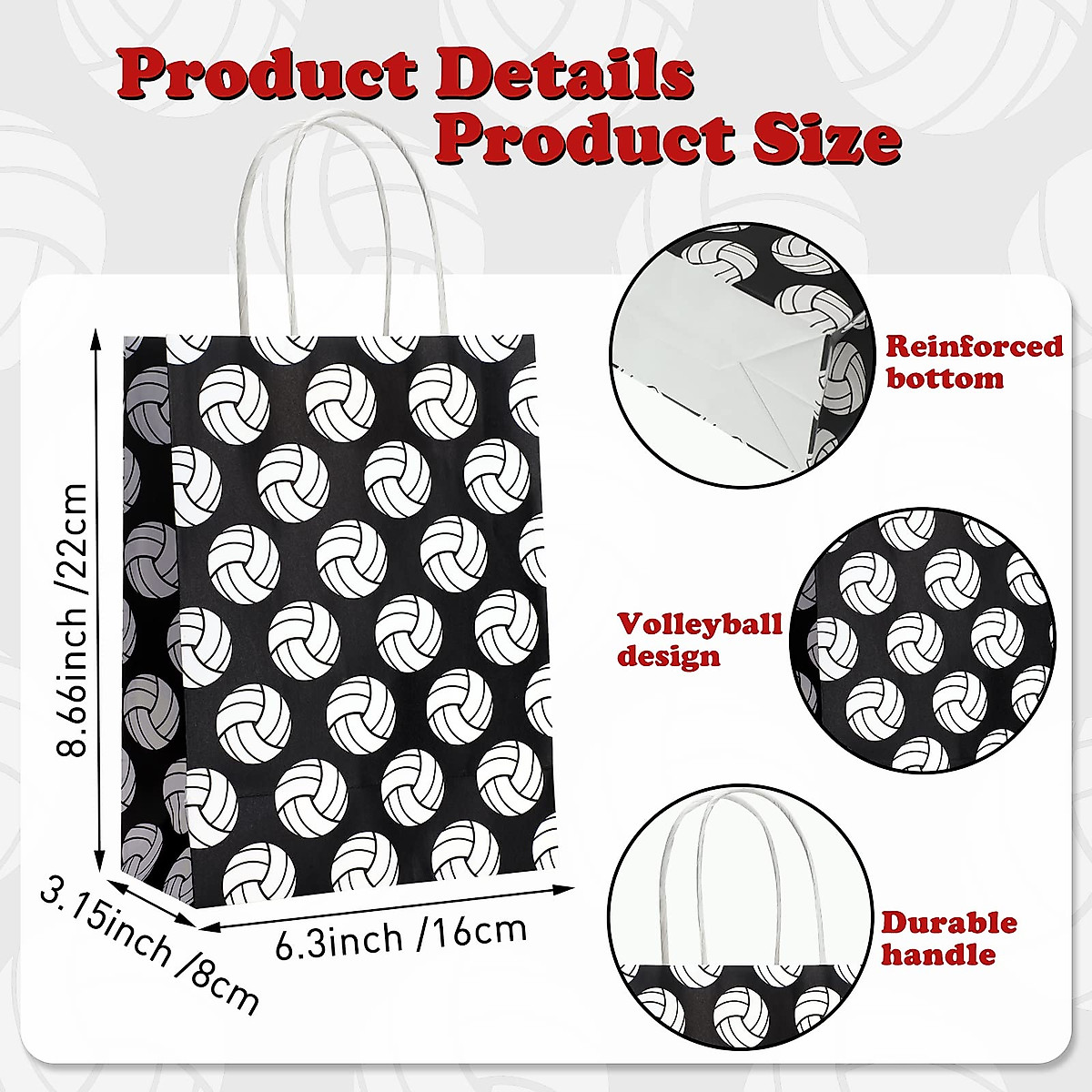 18 Pcs Volleyball Party Treat Bags Volleyball Goody Treat Bag with Handle Black Volleyball Paper Bag Kraft Goodie Candy Bags for Sport Theme Birthday Party Decor (Black Backing, Multi Volleyball Style)