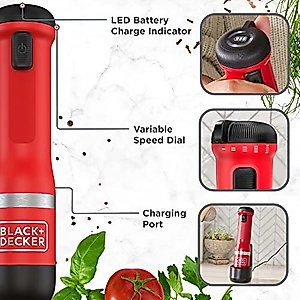 BLACK+DECKER Kitchen Wand Cordless Immersion Blender, 3 in 1 Multi Tool Set, Hand Blender with Charging Dock, Whisk and Milk Frother, Red (BCKM1013KS06)