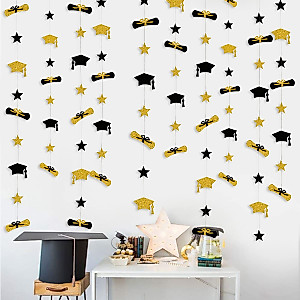 Graduation Decorations 2023 Graduation Hat Diploma Star Garland Banner Bunting Streamer Backdrop for Graduation Party Supplies Classroom Middle High School Grad Home Decor (Black Gold)