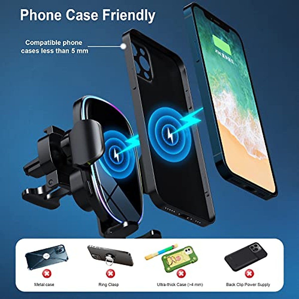Wireless Car Charger Mount, SOARUN [Unique 7 Colors LED Dynamic Backlit] 15W Wireless Fast Charging Car Phone Holder, Auto-Clamping Wireless Car Charger for iPhone 14 Pro 13 12, Samsung S23 Ultra S22