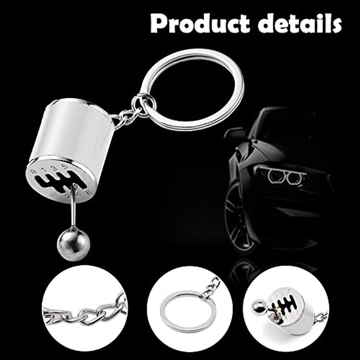 cueclue 1 Pack Car Shifter Keyring, Polished Metal Key Chain Model, 6 Speed Gear Key Clip, Universal Mini Keychain (Silver)