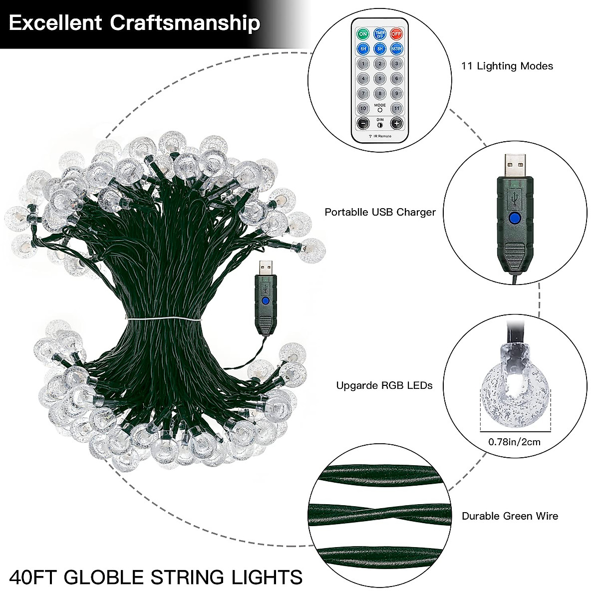 Ollimy Globe String Lights USB Powered, 40FT 80LED Waterproof Christmas Lights with Remote, Warm White+Multicolor Fairy Lights for Indoor Outdoor Christmas Home Party Patio Garden Wedding