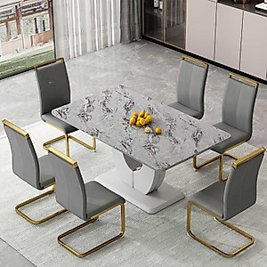 hohoedc 63" Morden Faux Marble Dining Room Table Set,Big Kitchen Dining Table for 6-8 with MDF Base,7 Piece Rectangle Dining Table Set &6 Pu Leather Golden Leg Chairs