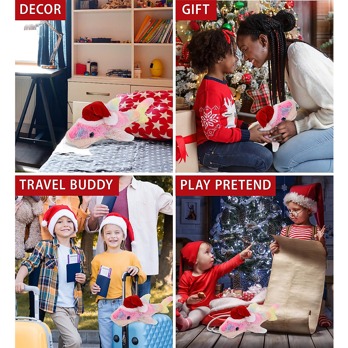 DolliBu Santa Rainbow Shark Stuffed Animal Plush Toy - Super Soft Wild Animal Dress Up with Red Santa Claus Hat, Cute Wildlife Gift, Perfect Holiday with Name Personalization - 14 Inch