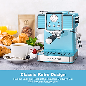 Galanz Retro Espresso Machine with Milk Frother, 15 Bar Pump Professional Cappuccino and Latte Machine, 1.5L Removable Water Tank, Retro Blue, 1350 W