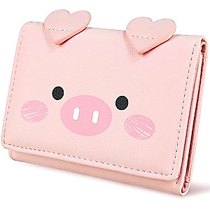 CONISY Cute Wallets for Women, Leather RFID Blocking Small Trifold Wallet with ID Window for Girls and Ladies Womens Wallet -Pig (Pink)