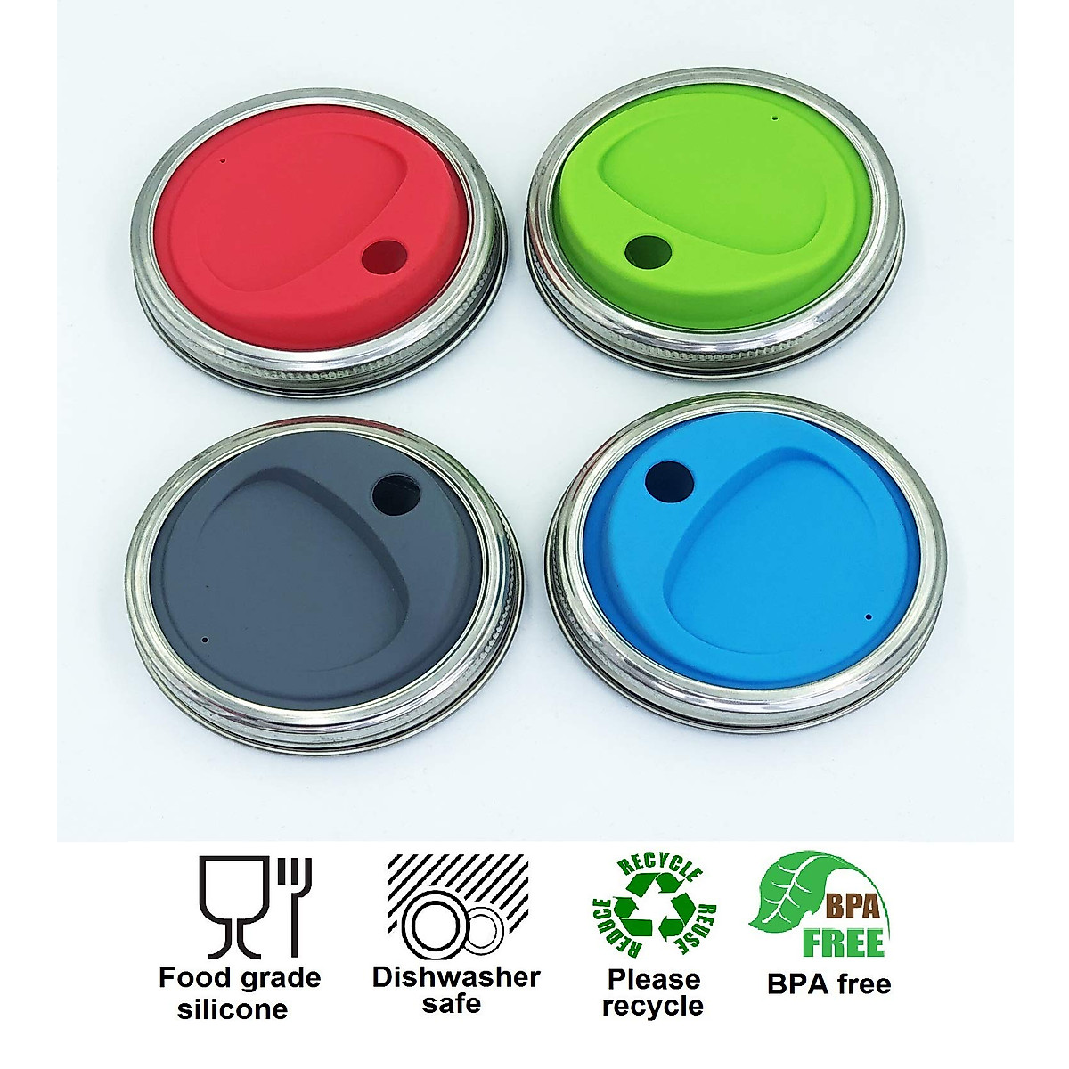 THINKCHANCES Reusable Food Grade and BPA Free Silicone Round Sip Coffee Juice Drinking Straw Lid Set with Stainless Steel Rings for Mason, Ball, Canning Jars, Pack of 4 Sets (Wide Mouth,Round Hole)