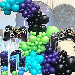 D-BUPU Video Game Balloon Garland Kit for Birthday,Tiffany Blue Black Purple Green Balloons with Game Foil Balloons Arch for Game Party Supplies Gamer Decorations