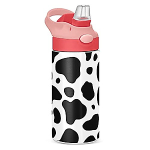 Black & White Cow Print Kids Water Bottle with Straw Lid, Vacuum Insulated Stainless Steel Double Walled Leakproof Tumbler Travel Cup for Girls Boys Toddlers, 12 oz