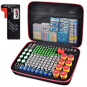 Battery Organizer Storage Holder Case Box with Tester Checker BT-168. Holds 225 Batteries AA AAA C D Cell 9V 3V Lithium (Red)