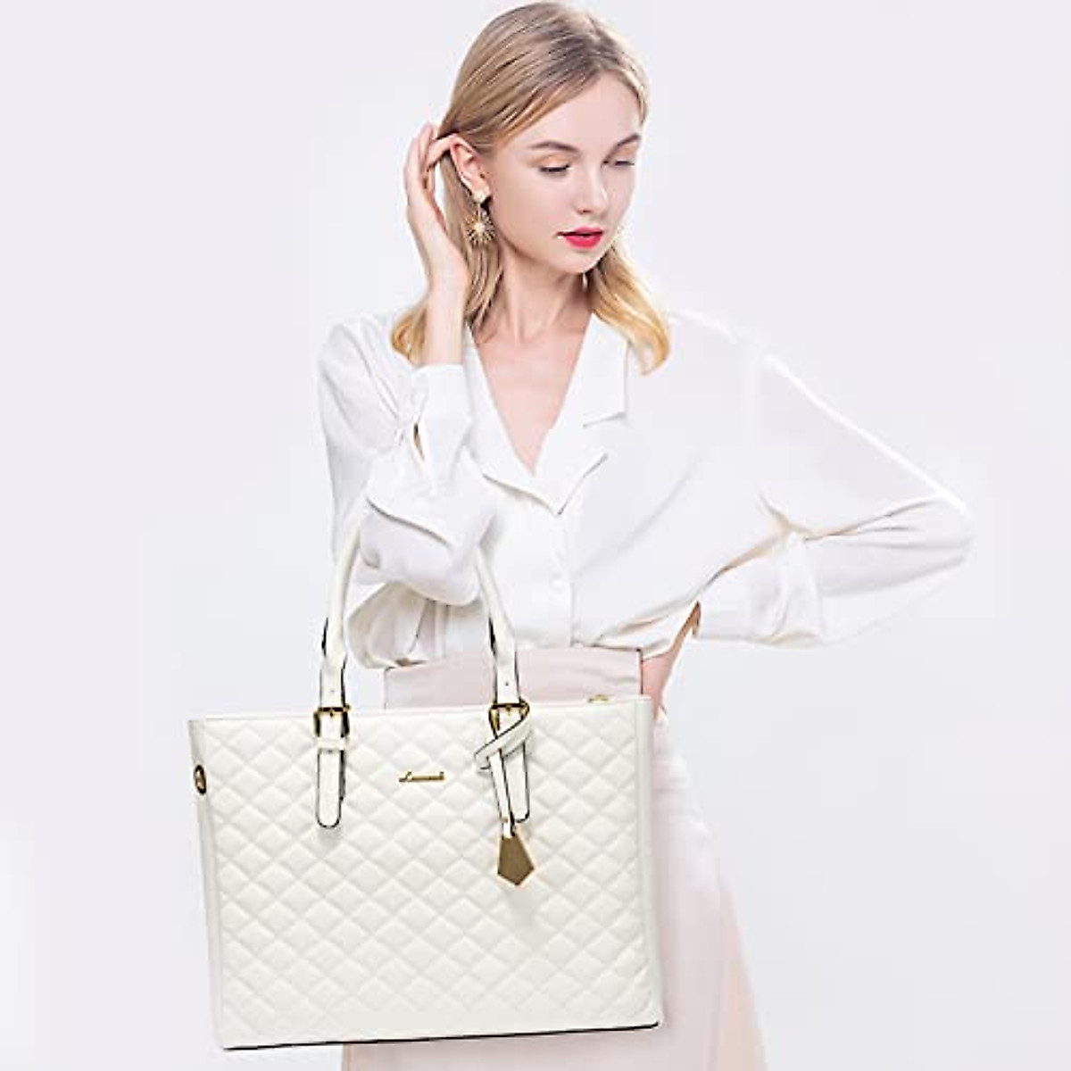 LOVEVOOK Laptop Bag for Women, Work Tote Bag Quilted Leather Computer Shoulder Bag, 15.6 inch Laptop Tote Purse Set, Waterproof Business Briefcase Handbag 2 PCS for Office,Teacher Beige