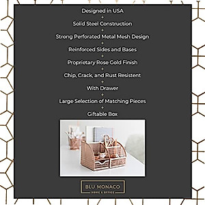 BLU MONACO Designer Metal Rose Gold Desk Organizer - Metal with Rose Gold Finish - Rose Gold Desk Accessories - Desk Organizer Rose Gold - Storage for Paper and Office Supplies