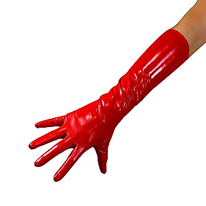 LLDLLNT Sexy Red LATEX GLOVES Women Elbow Length Shiny Look Stretch Faux Rubber Ultra Thin 16" Costume Party Gloves