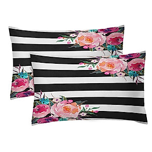 Emvency Decorative Throw Pillow Cover Queen Size 20x30 Inches Trendy Pink Watercolor Floral Black White Stripe Outdoor Pillowcase Gift for Holiday Sofa Bed Set of 2