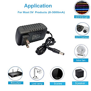 MTYTOT 5 Volt 3 Amp Power Adapter 100V-240V AC to DC Converter 5V 3A 2A 1A Power Supply adapter 15W MAX Adapter DC 5V Power cord 5.5mm*2.5mm/2.1mm dc plug for 5V LED Lights Security Camera HDMI TV Box