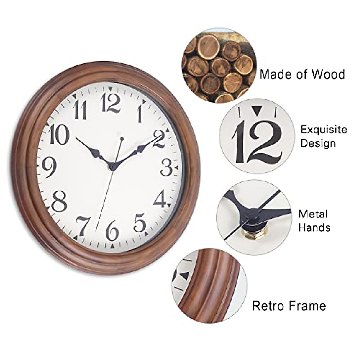 Vigorwise 14 Inch Wooden Wall Clock, Retro Wood Wall Clocks Battery Operated, Large Silent Sweep Movement Accurate Wall Clock for Living Room Bedroom Housewarming Present