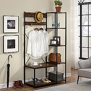 VECELO Coat Rack Shoe Bench,Hall Tree with 7 Hooks Entryway Storage 4-Tier Shelves and 1-Tier Shoe Shelf,Wood Look Accent Furniture Metal Frame,4 in 1 Design, Easy Assembly,Brown