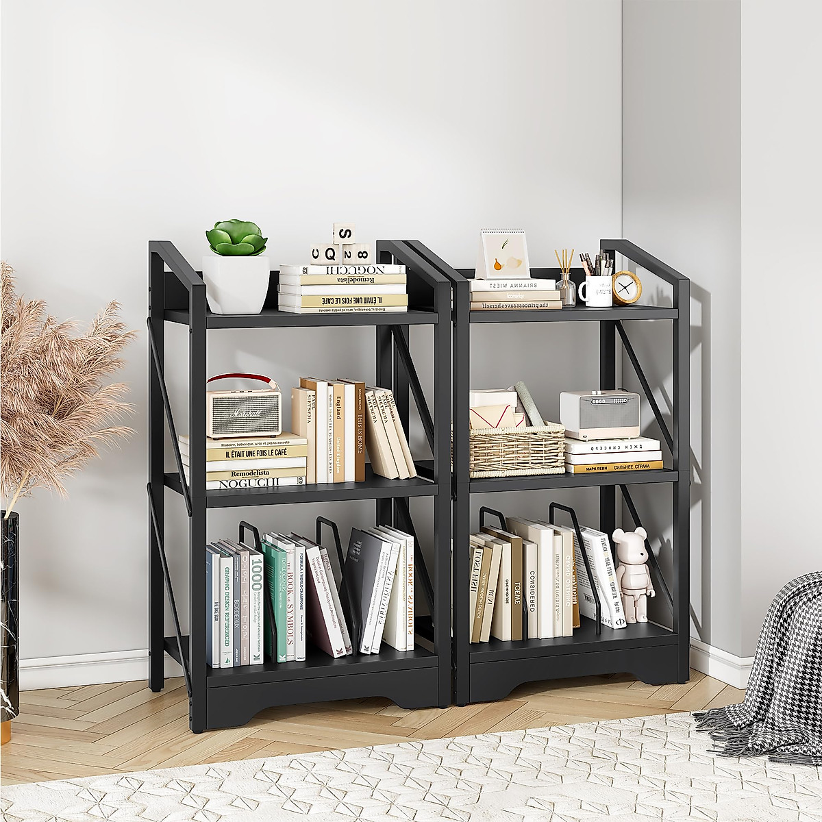 Vagusicc Bookshelf, 3 Tier Industrial Bookcase, Metal Small Bookcase, Rustic Etagere Book Shelf Storage Organizer for Living Room, Bedroom, Home Office, Small Bookshelf for Small Spaces (Black)