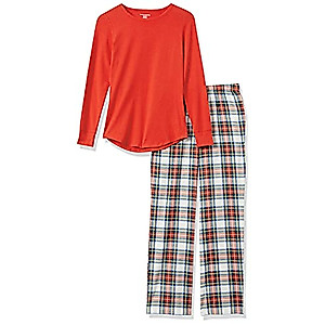 Amazon Essentials Women's Lightweight Flannel Pant and Long-Sleeve T-Shirt Sleep Set (Available in Plus Size), Red Tartan, Large