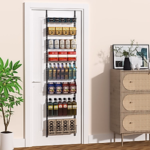 Shengsite 8-Tier Over the Door Pantry Organizer, Heavy-Duty Metal Pantry Door Organizer with 4 Long and 4 Short Baskets, Dual-use Hanging or Wall Mount Spice Rack Organizer, Black