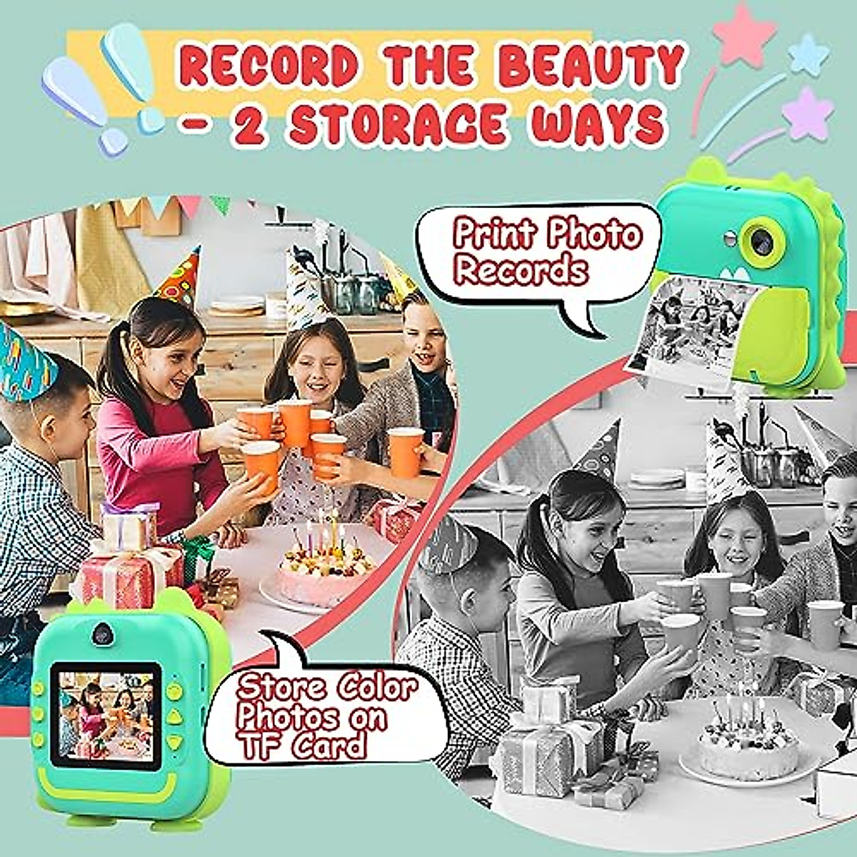 Instant Print Camera for Kids,Inkless Sticker Printer for Girls Boys Age 3-12, HD Digital Video Cameras, Mini Thermal Printer Kid Toy Gifts with 3 Rolls Photo Paper, 5 Color Pens, 32GB Card-Green