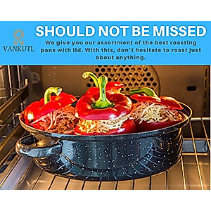 16 Inch Roasting Pan with Lid - Covered Oval Roaster - Enamel Carbon Steel Roaster Pot - Excellent Heat Distribution and Non-sticky - for Turkey Chicken Meat & Vegetables -Birthday and Holiday gifts