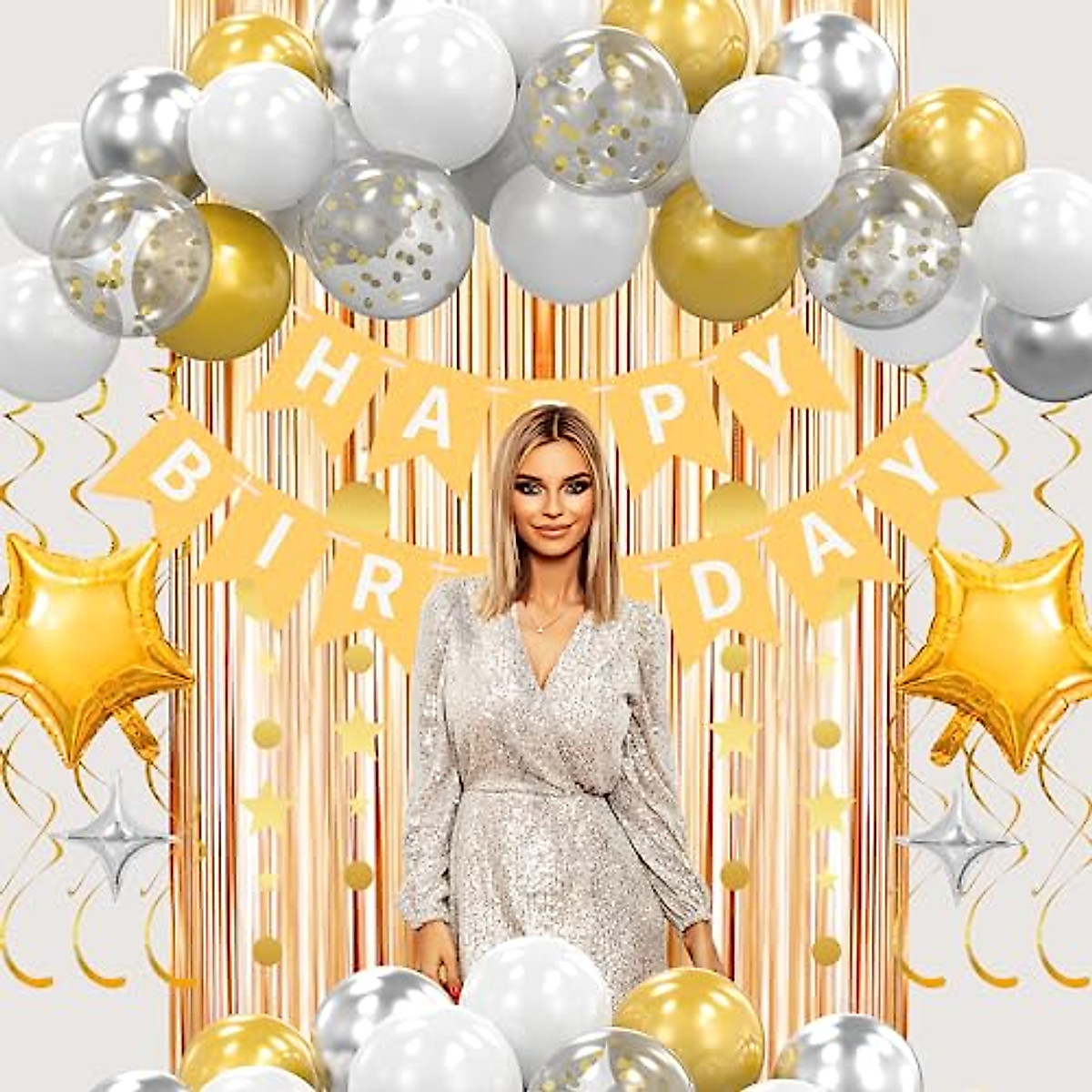 Birthday Decorations for Women Girls | White Gold Birthday Party Decorations | Happy Birthday Decorations | Happy Birthday Banner(Pre-Strung) | Birthday Balloons Arch, Foil Curtain,Hanging Swirl