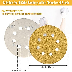 POTUINOM 100PCS 5 Inch 8 Hole Sanding Discs 80 Grit,Gold Round Hook and Loop Sandpaper for Random Orbital Sander