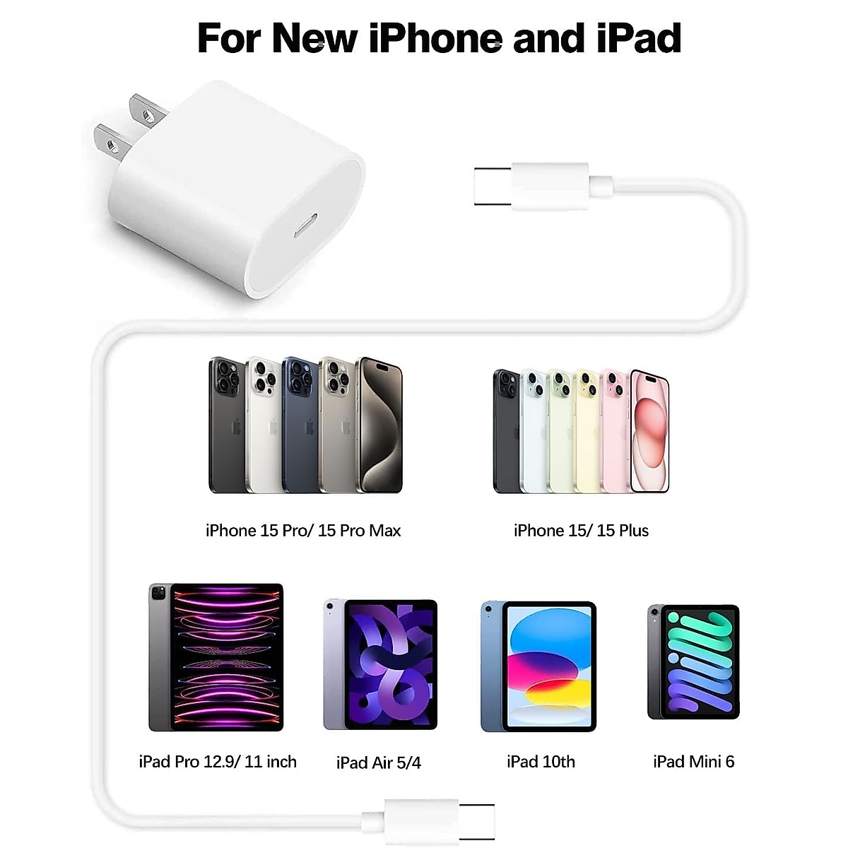 20W USB C Charger for iPad Pro 12.9/11 inch 2022/2021/2020/2018, iPad Air 5th/4th Generation, iPad 10th Generation, iPad Mini, iPhone 15 Pro Max, PD Block with 6.6ft Fast Charging Cable